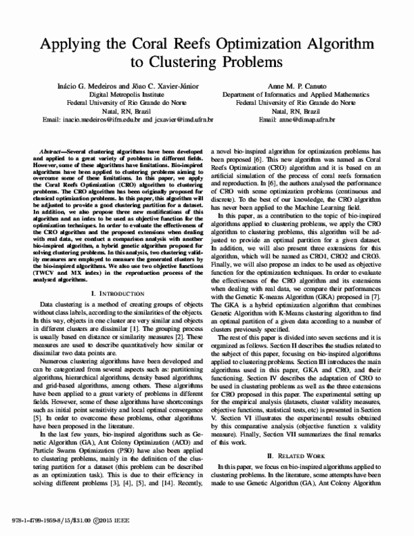 Pdf Applying The Coral Reefs Optimization Algorithm To Clustering