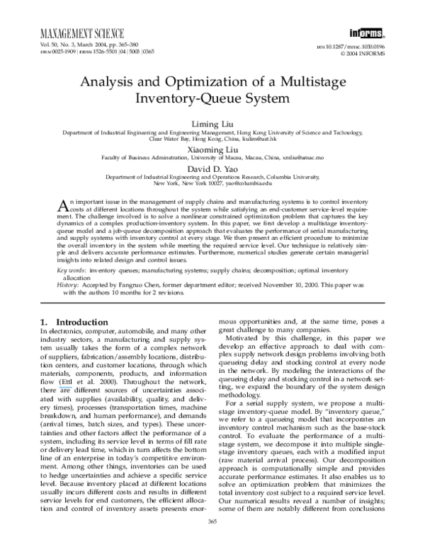 (PDF) Analysis and Optimization of a Multistage Inventory-Queue System