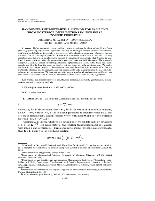 Pdf Randomize Then Optimize A Method For Sampling From Posterior Distributions In Nonlinear