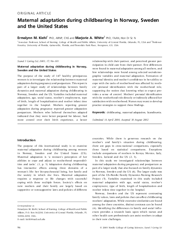 (PDF) Maternal adaptation during childbearing in Norway, Sweden and the ...