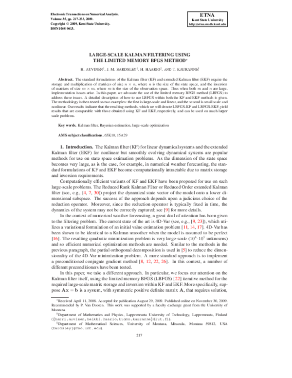 Pdf Large Scale Kalman Filtering Using The Limited Memory Bfgs Method