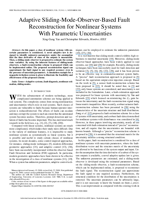 Pdf Adaptive Sliding Mode Observer Based Fault Reconstruction For Nonlinear Systems With