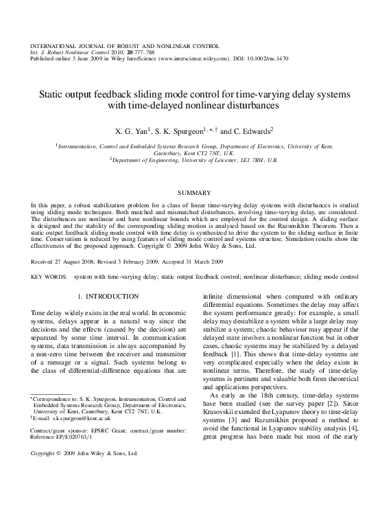 (PDF) Global stabilisation for a class of nonlinear time-delay systems based on dynamical output ...