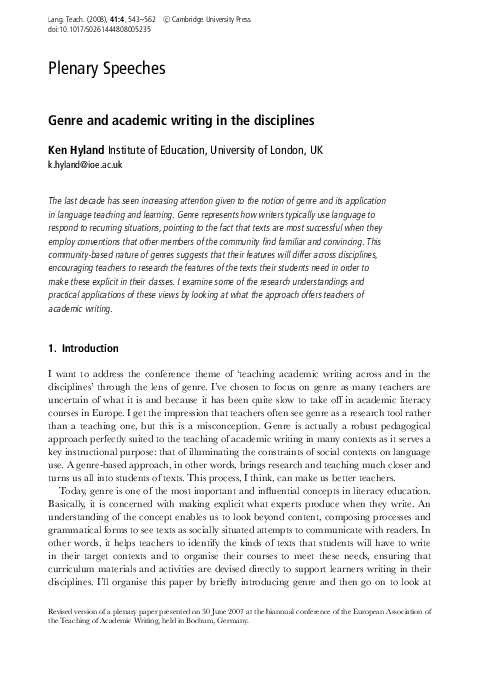 (PDF) Genre and academic writing in the disciplines