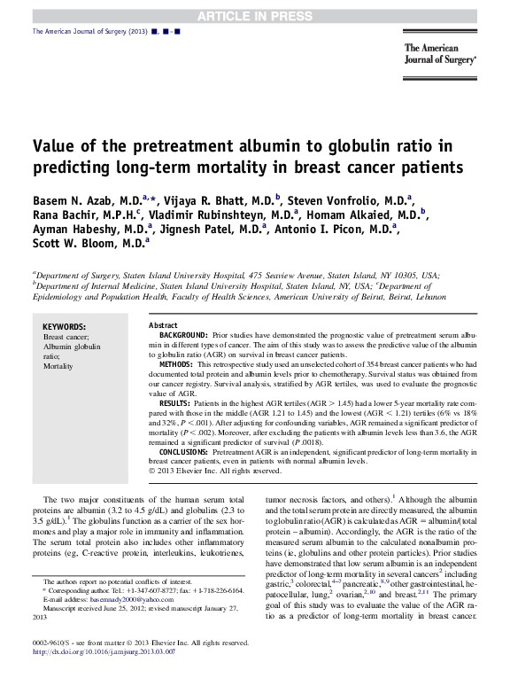 (PDF) Value of the pretreatment albumin to globulin ratio in predicting long-term mortality in ...