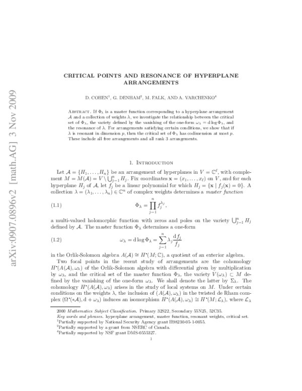 (PDF) Critical Points and Resonance of Hyperplane Arrangements