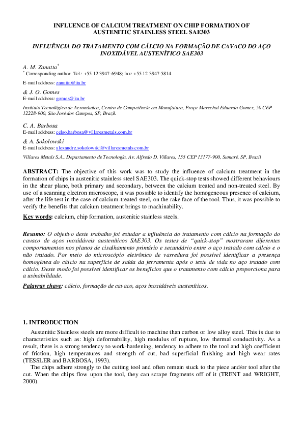 Pdf Influence Of Calcium Treatment On Chip Formation Of Austenitic Stainless Steel Sae303