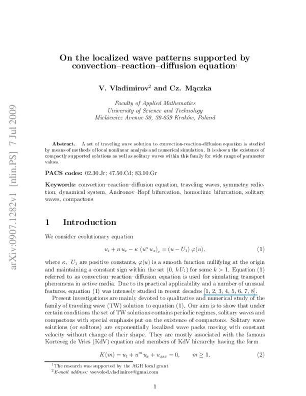 (PDF) On the localized wave patterns supported by convection-reaction-diffusion equation