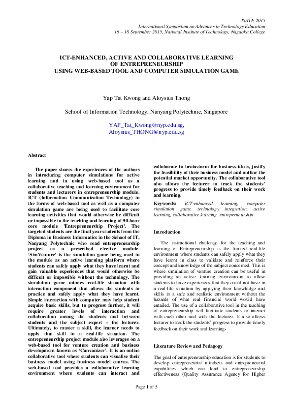 (PDF) ICT-ENHANCED, ACTIVE AND COLLABORATIVE LEARNING OF ENTREPRENEURSHIP