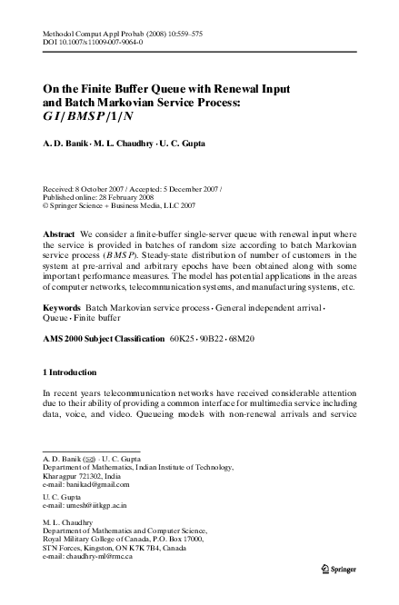 Pdf On The Finite Buffer Queue With Renewal Input And Batch Markovian Service Process Gi Bmsp