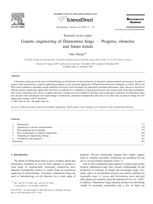 (PDF) Genetic engineering of filamentous fungi — Progress, obstacles ...