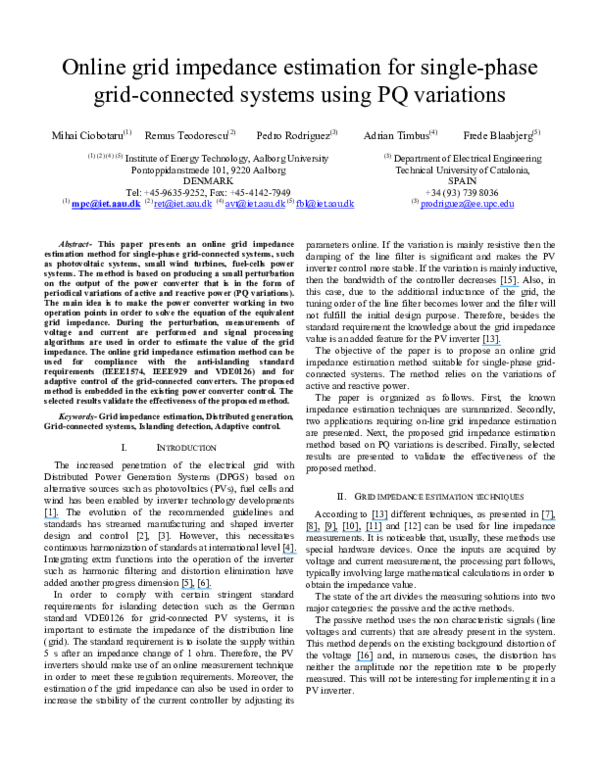 (PDF) Online grid impedance estimation for single-phase grid-connected systems using PQ variations