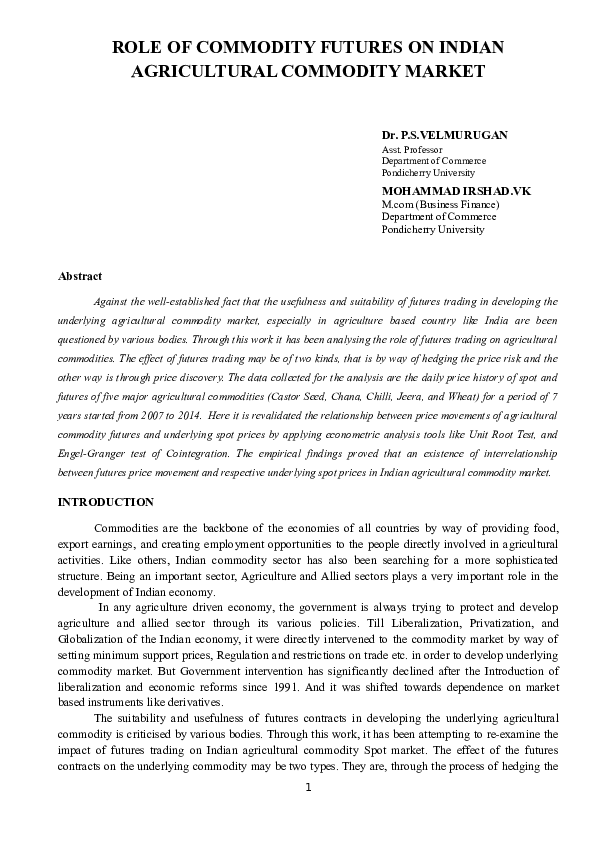 (DOC) ROLE OF COMMODITY FUTURES ON INDIAN AGRICULTURAL COMMODITY MARKET