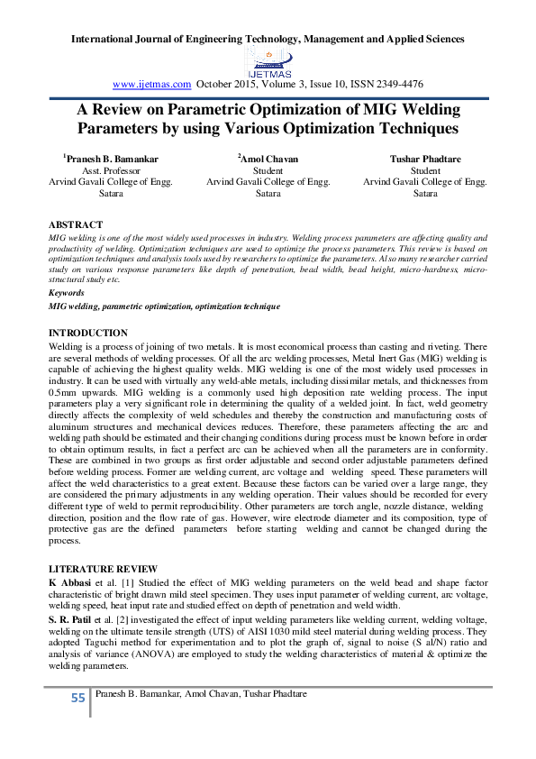 (PDF) A Review on Parametric Optimization of MIG Welding Parameters by using Various ...