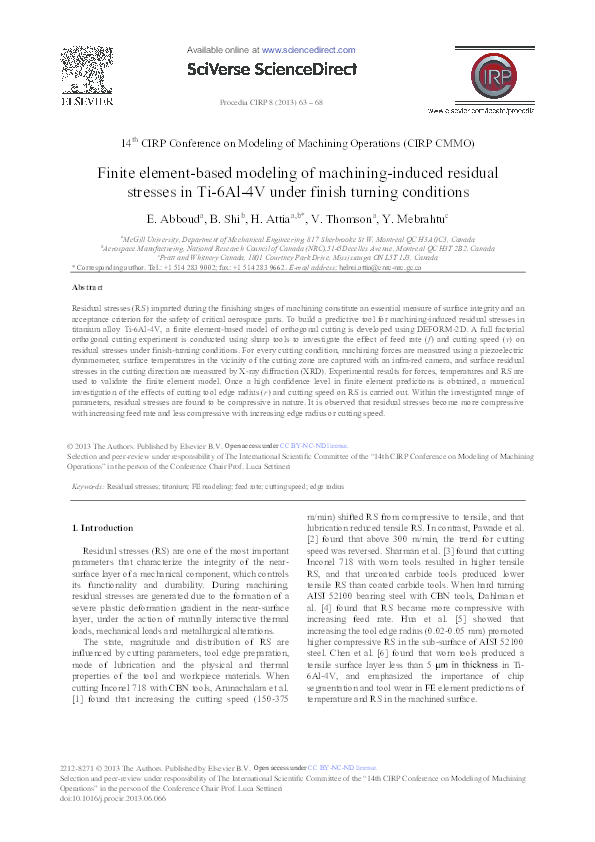 Pdf Finite Element Based Modeling Of Machining Induced Residual