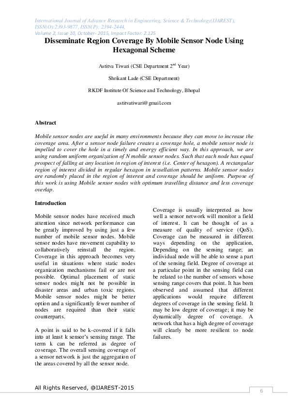 (PDF) Disseminate region coverage by Mobile Sensor Node using Hexagonal scheme
