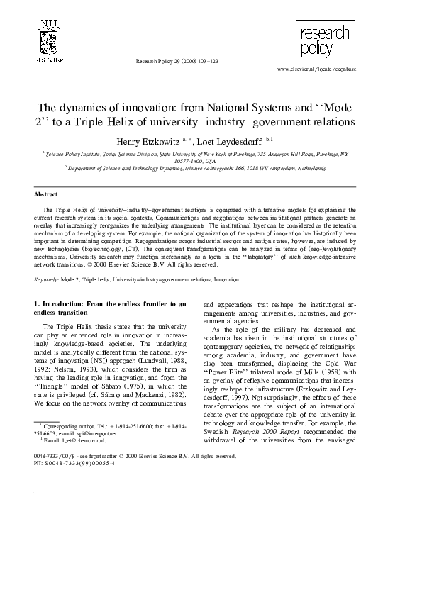 (PDF) From Transactions to Partnerships in Innovation Systems: A Triple Helix Perspective | John ...
