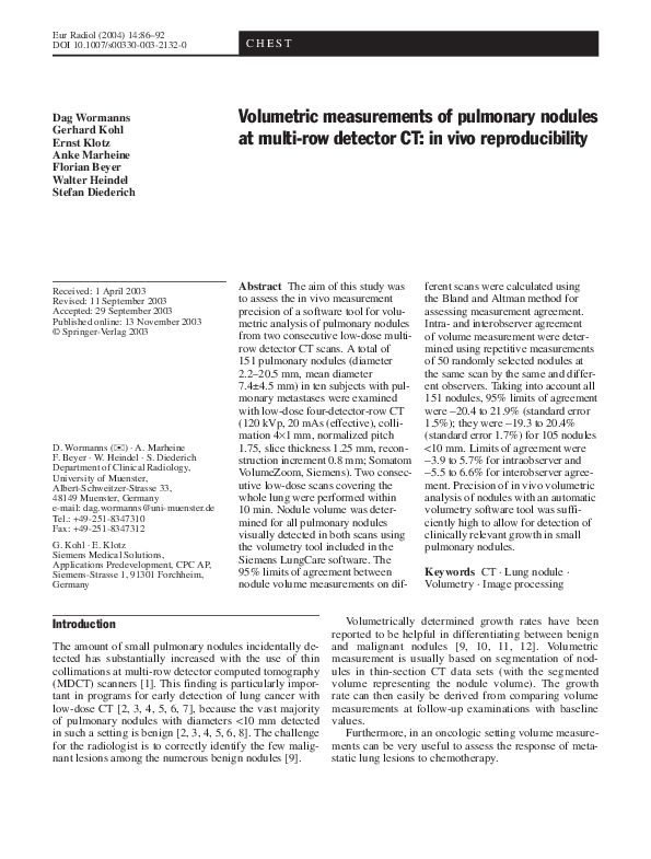 Pdf Volumetric Measurements Of Pulmonary Nodules At Multi Row Detector Ct In Vivo Reproducibility
