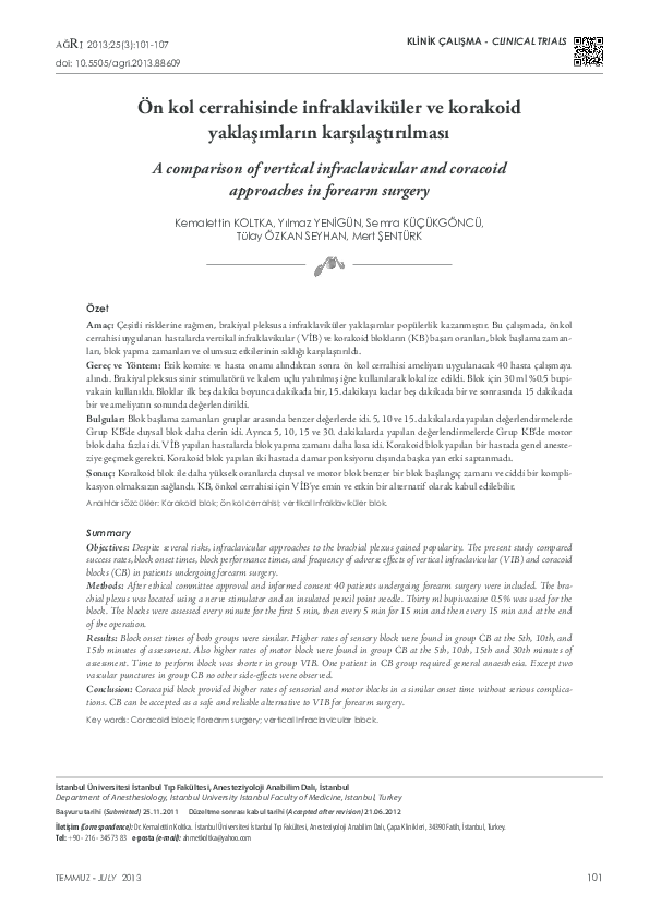 (PDF) Ön kol cerrahisinde infraklaviküler ve korakoid yaklaşımların ...