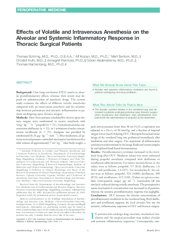 (PDF) Effects of Volatile and Intravenous Anesthesia on the Alveolar and Systemic Inflammatory ...