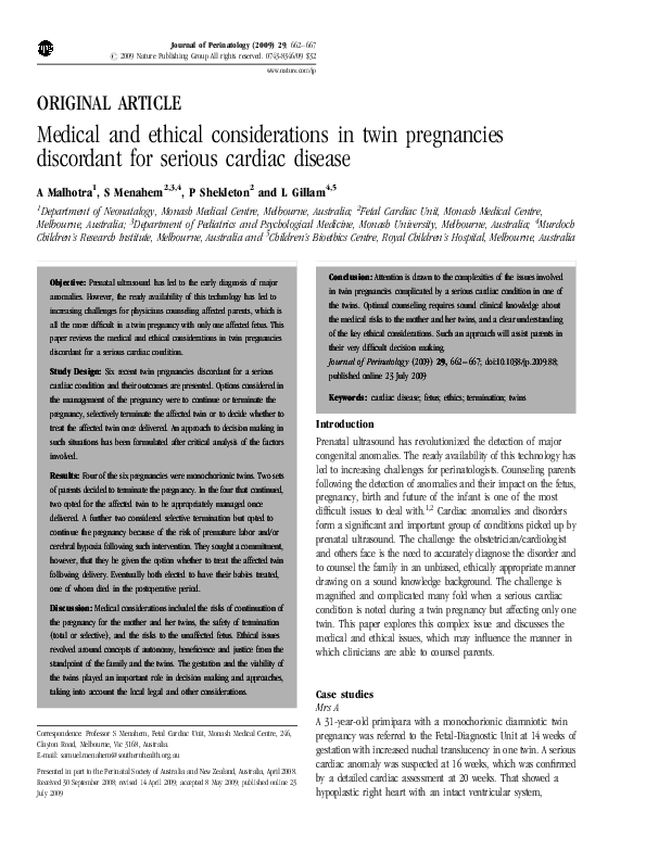 (PDF) Medical and ethical considerations in twin pregnancies discordant ...