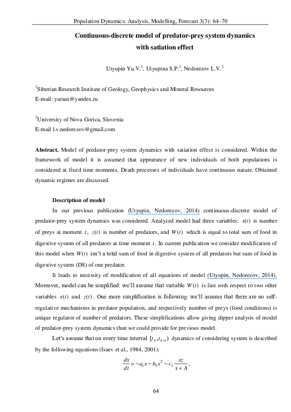 Pdf Continuous Discrete Model Of Predator Prey System Dynamics With Satiation Effect