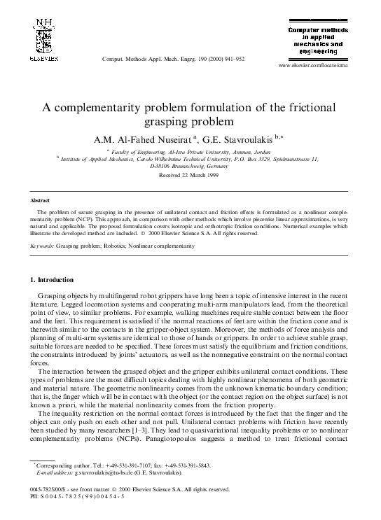 (PDF) A complementarity problem formulation of the frictional grasping problem