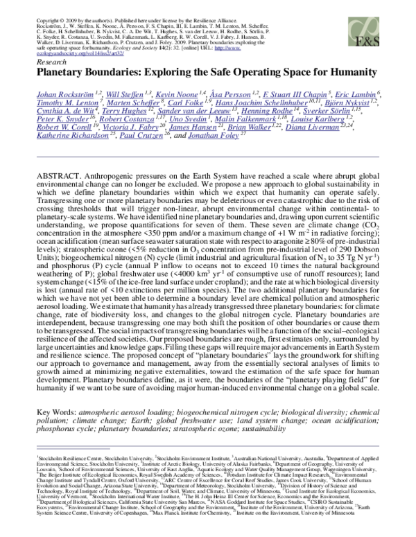 (PDF) Planetary boundaries: exploring the safe operating space for humanity