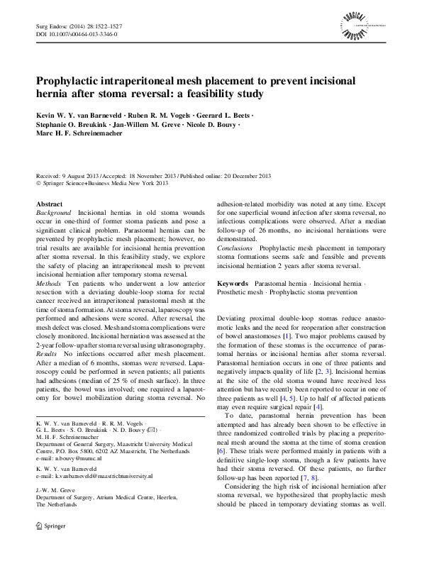 (PDF) Prophylactic intraperitoneal mesh placement to prevent incisional ...