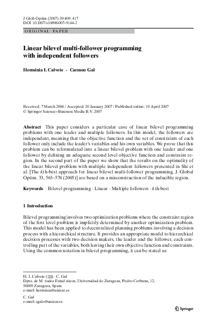 Pdf Linear Bilevel Multi Follower Programming With Independent Followers Carmen Galé