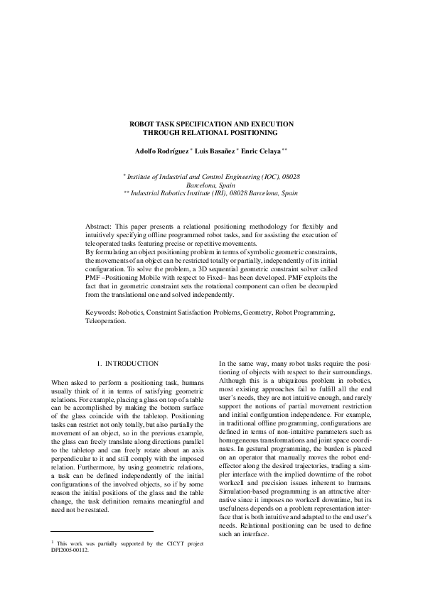 Pdf Robot Task Specification And Execution Through Relational Positioning