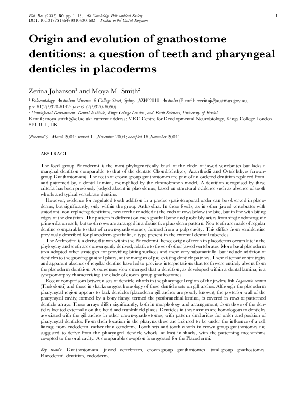 (PDF) Origin and evolution of gnathostome dentitions: a question of ...