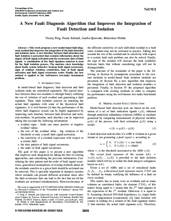(PDF) A new fault diagnosis algorithm that improves the integration of fault detection and isolation