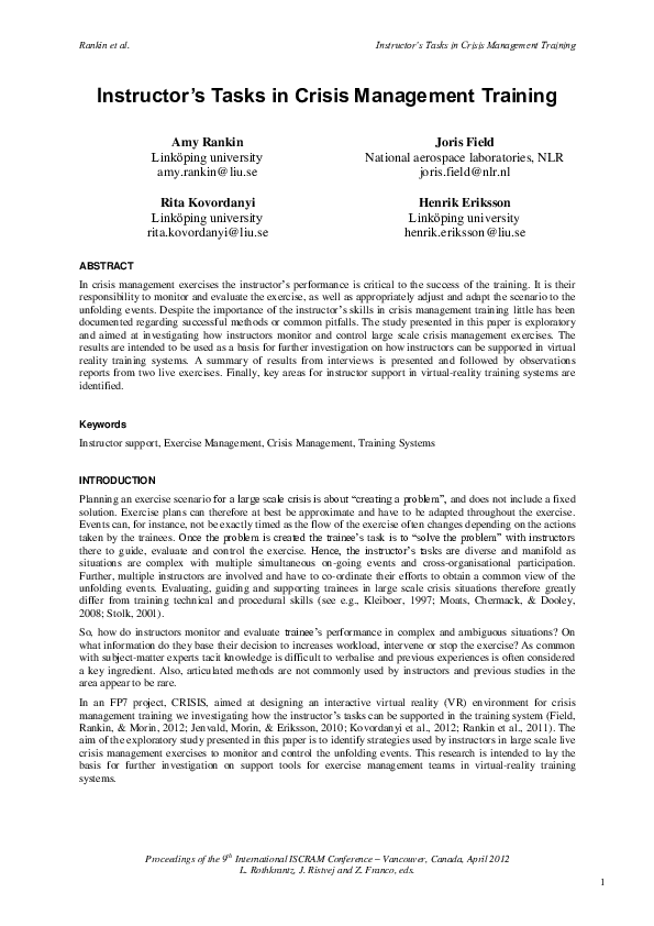 (PDF) Instructor's Tasks in Crisis Management Training | Amy Rankin and ...