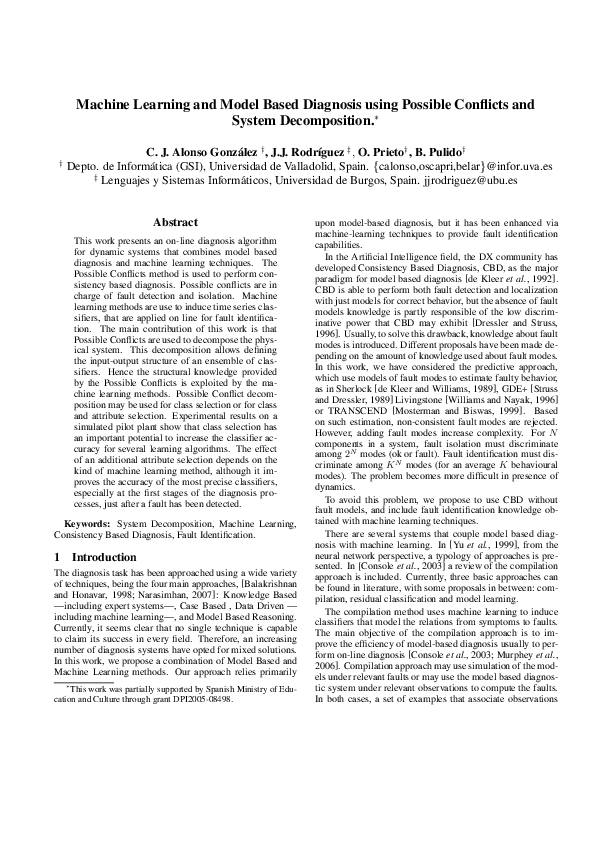 (PDF) Machine Learning and Model Based Diagnosis using Possible Conflicts and System Decomposition