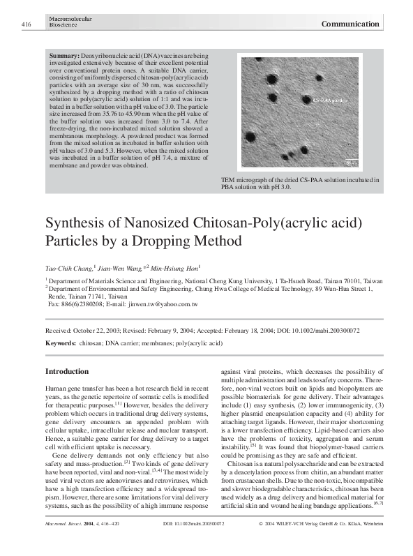(PDF) Synthesis of Nanosized Chitosan-Poly(acrylic acid) Particles by a Dropping Method