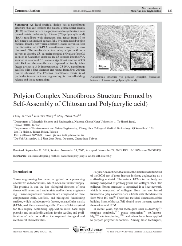(PDF) Polyion Complex Nanofibrous Structure Formed by Self-Assembly of Chitosan and Poly(acrylic ...