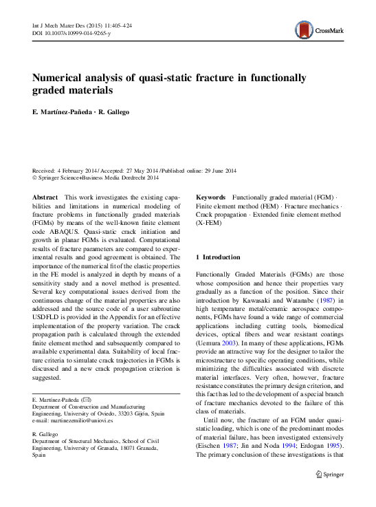 Pdf Numerical Analysis Of Quasi Static Fracture In Functionally