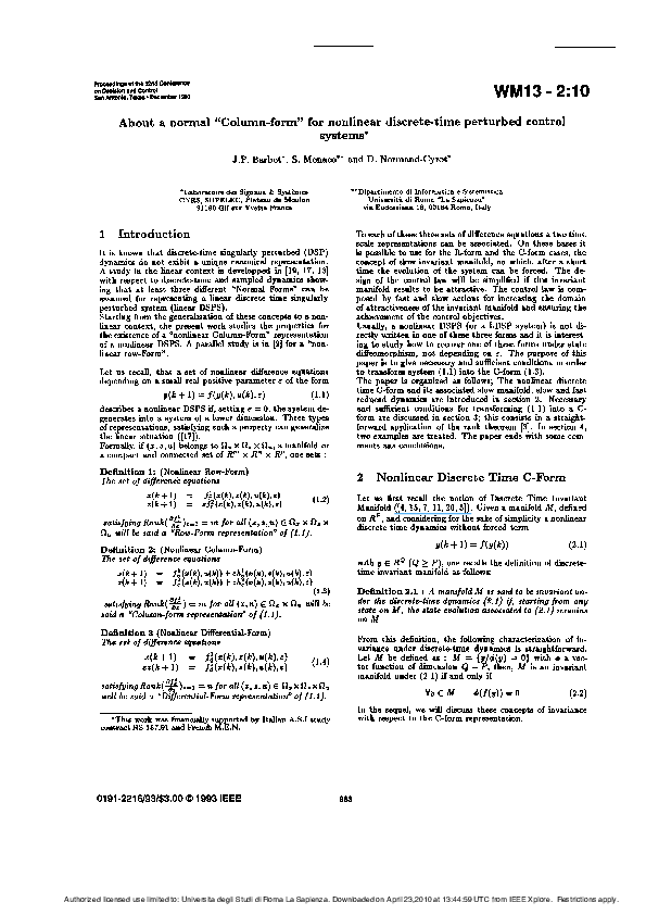 (PDF) About a normal “column-form” for nonlinear discrete-time perturbed control systems