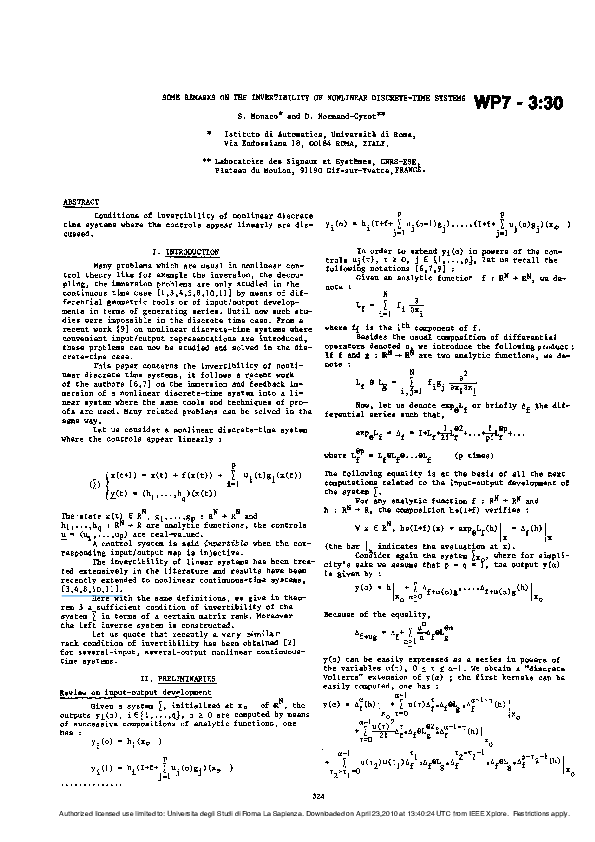 Pdf Some Remarks On The Invertibility Of Nonlinear Discrete Time Systems Dorothée Normand