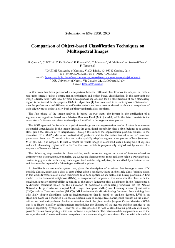 Pdf Comparison Of Object Based Classification Techniques On Multispectral Images Francesco