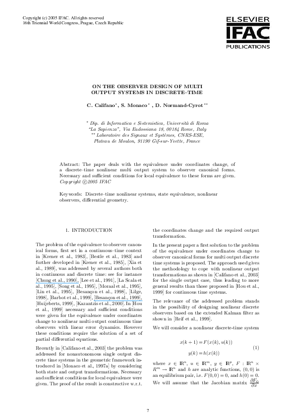 Pdf On The Observer Design Of Multi Output Systems In Discrete Time