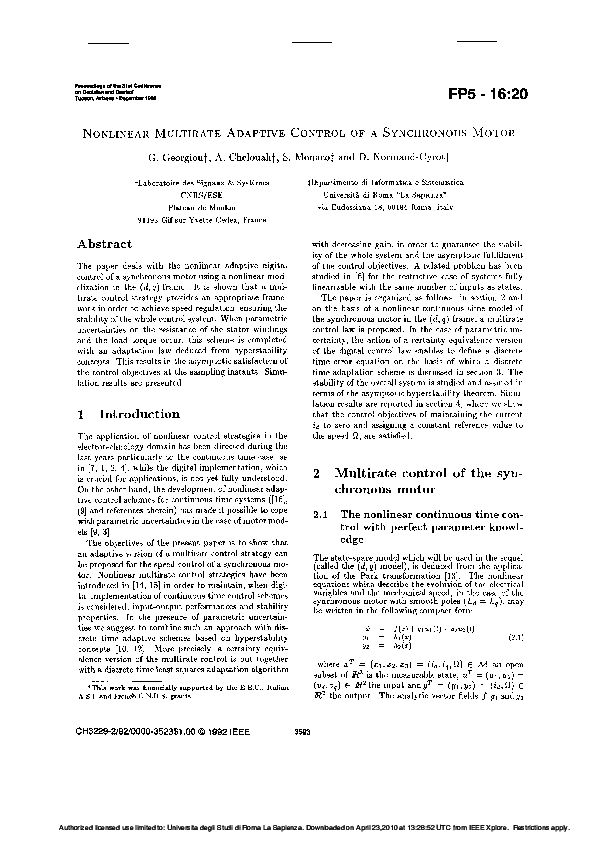 (PDF) Nonlinear multirate adaptive control of a synchronous motor