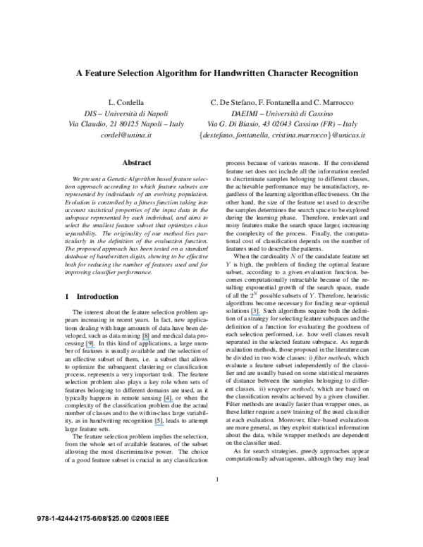 Pdf A Feature Selection Algorithm For Handwritten Character Recognition