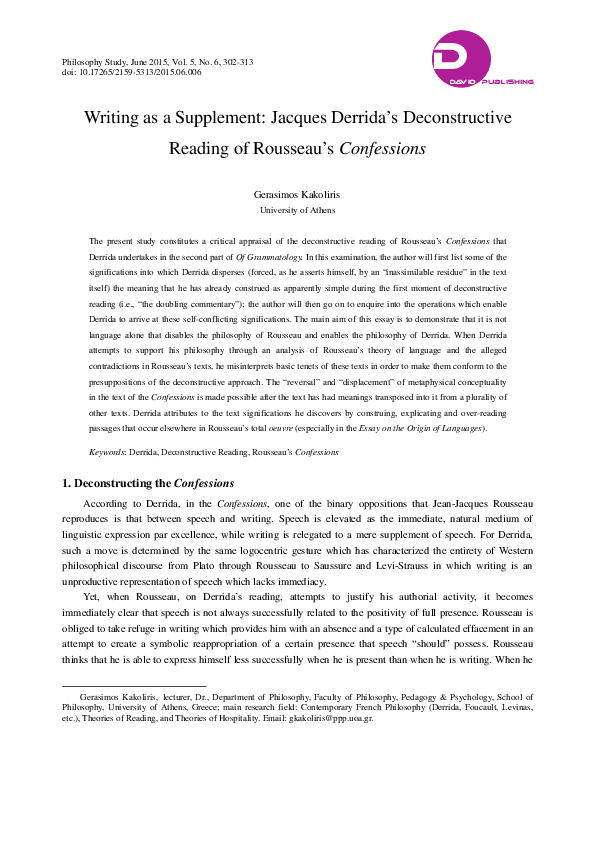 (PDF) Writing as a Supplement: Jacques Derrida's Deconstructive Reading ...