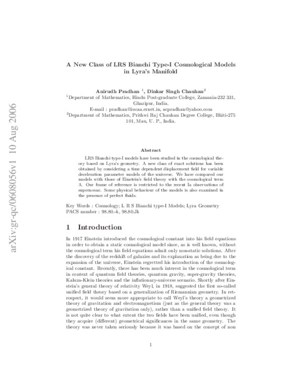 (PDF) A new class of LRS Bianchi type-I cosmological models in Lyra geometry
