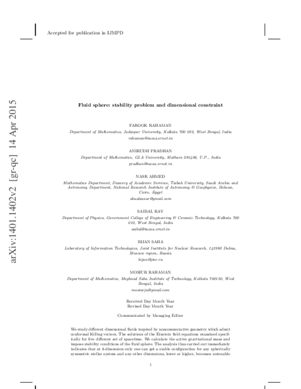 (PDF) Fluid sphere: Stability problem and dimensional constraint