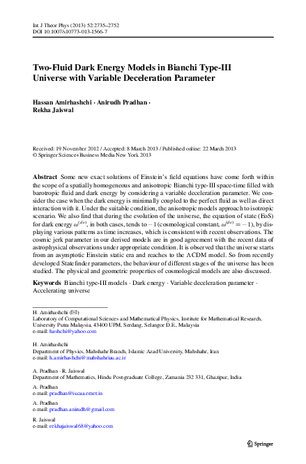 Pdf Two Fluid Dark Energy Models In Bianchi Type Iii Universe With Variable Deceleration Parameter