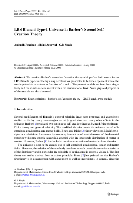 (PDF) LRS Bianchi Type-I Universe in Barber’s Second Self Creation Theory