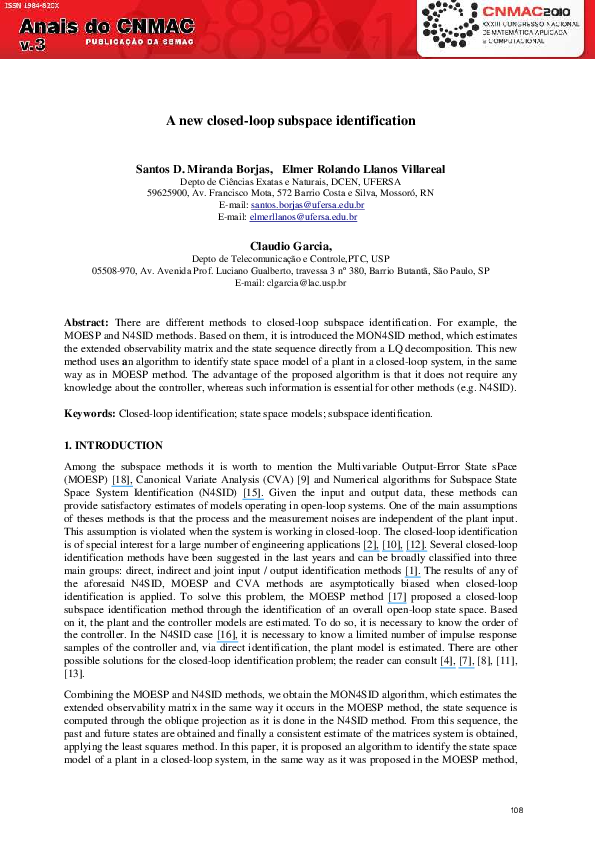 Pdf A New Closed Loop Subspace Identification
